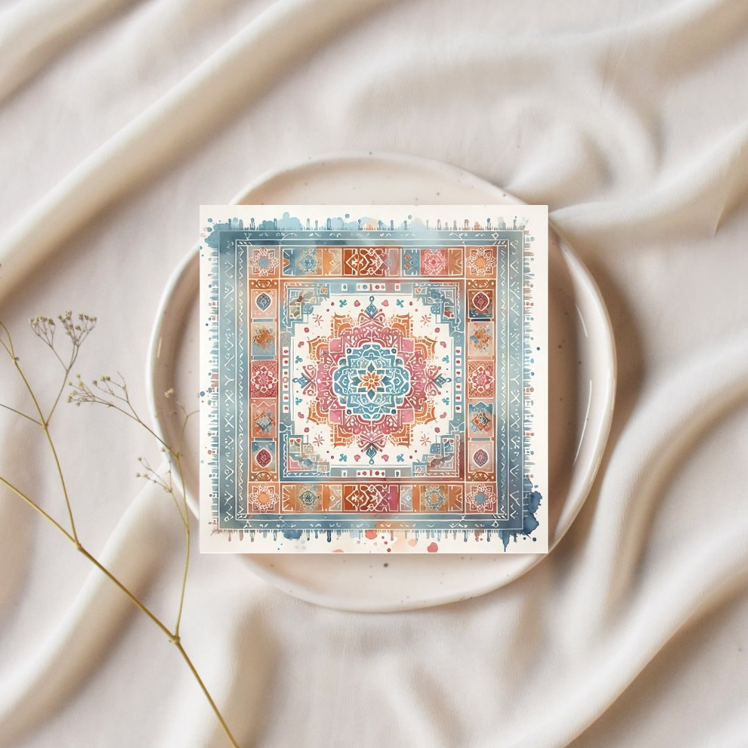Moroccan Square Rug Art Print, Watercolor Handmade Moroccan Wall Art ...