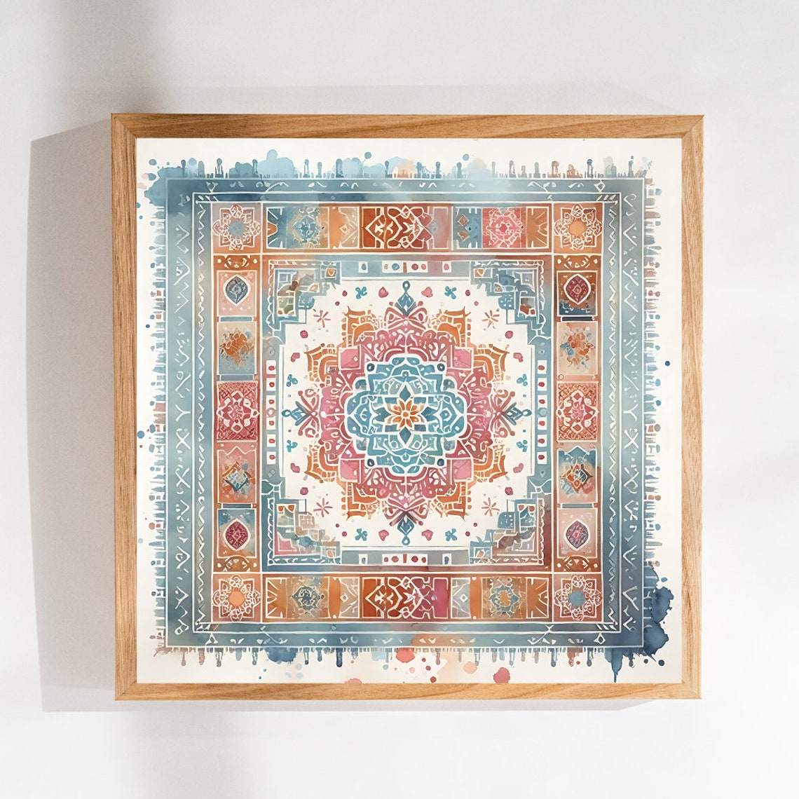 Moroccan Square Rug Art Print, Watercolor Handmade Moroccan Wall Art ...
