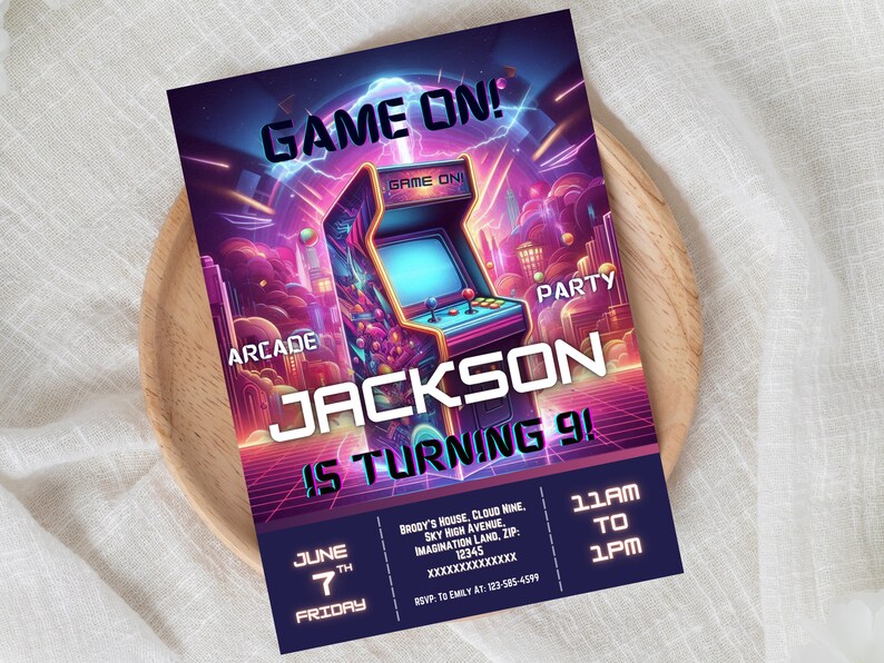 Arcade Birthday Invitation, Arcade Party Invitation, Gamer Neon Glow ...
