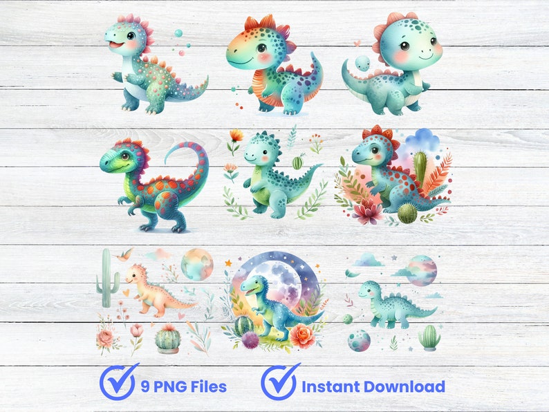 Blue Baby Dinosaur Clipart Set, Watercolor Baby Dino Bundle, Baby ...