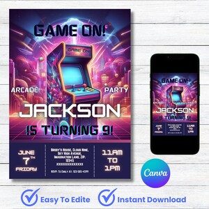 Arcade Birthday Invitation, Arcade Party Invitation, Gamer Neon Glow ...