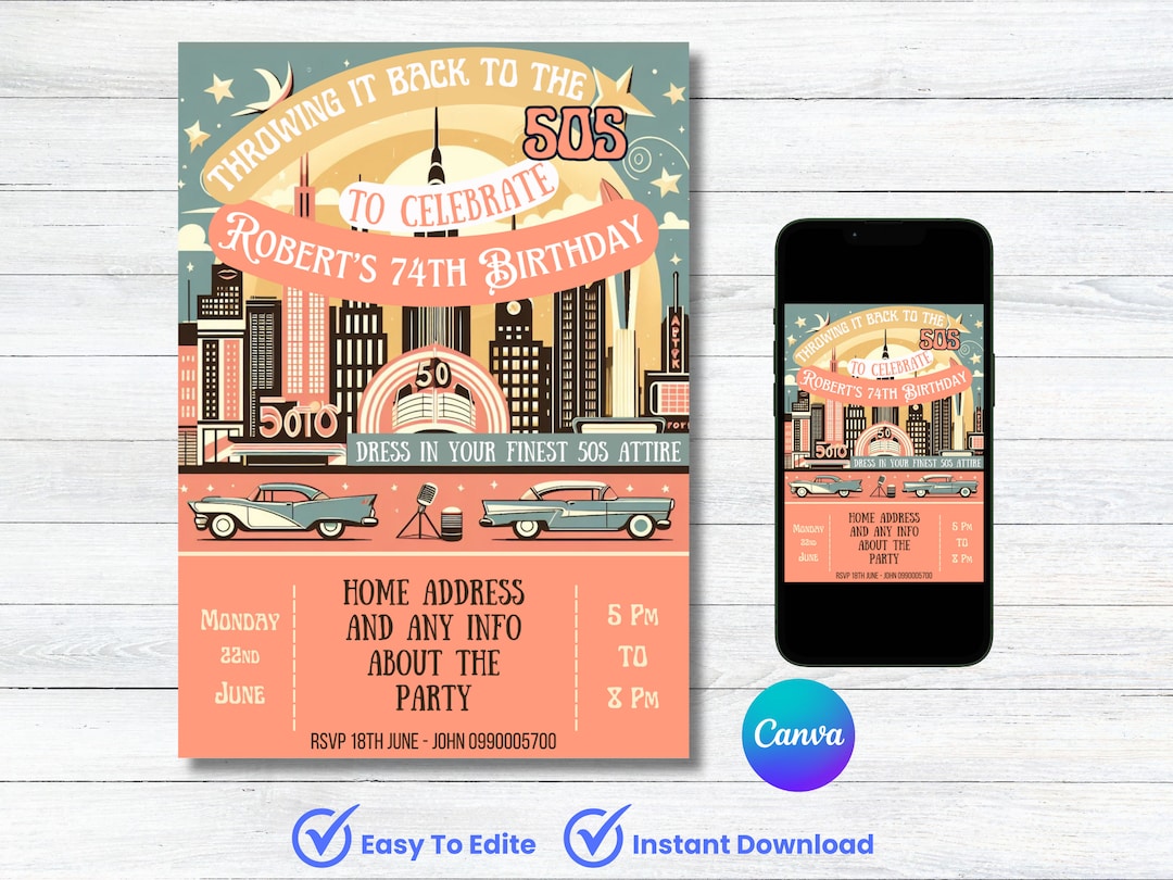 50s Birthday Invitation, Retro 50s Birthday Bash Invite, DIY '50s ...