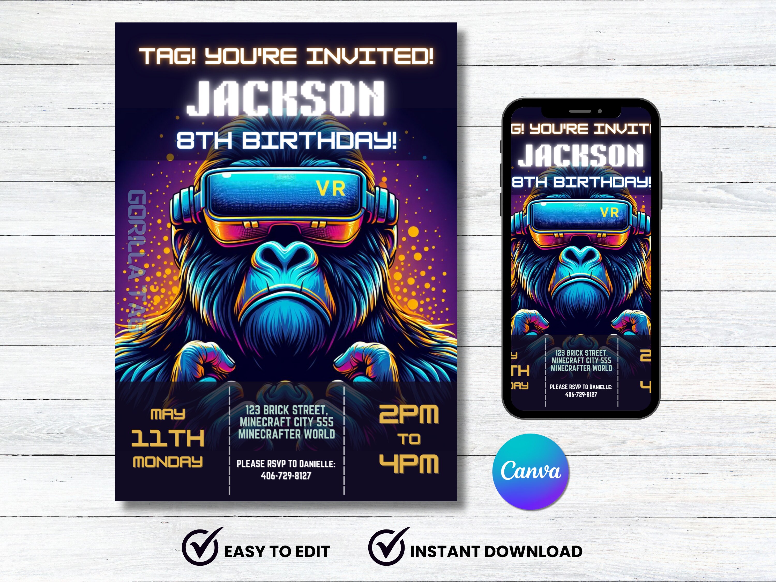 Gorilla VR Birthday Invitation, VR Birthday Invitation, Tag Birthday ...