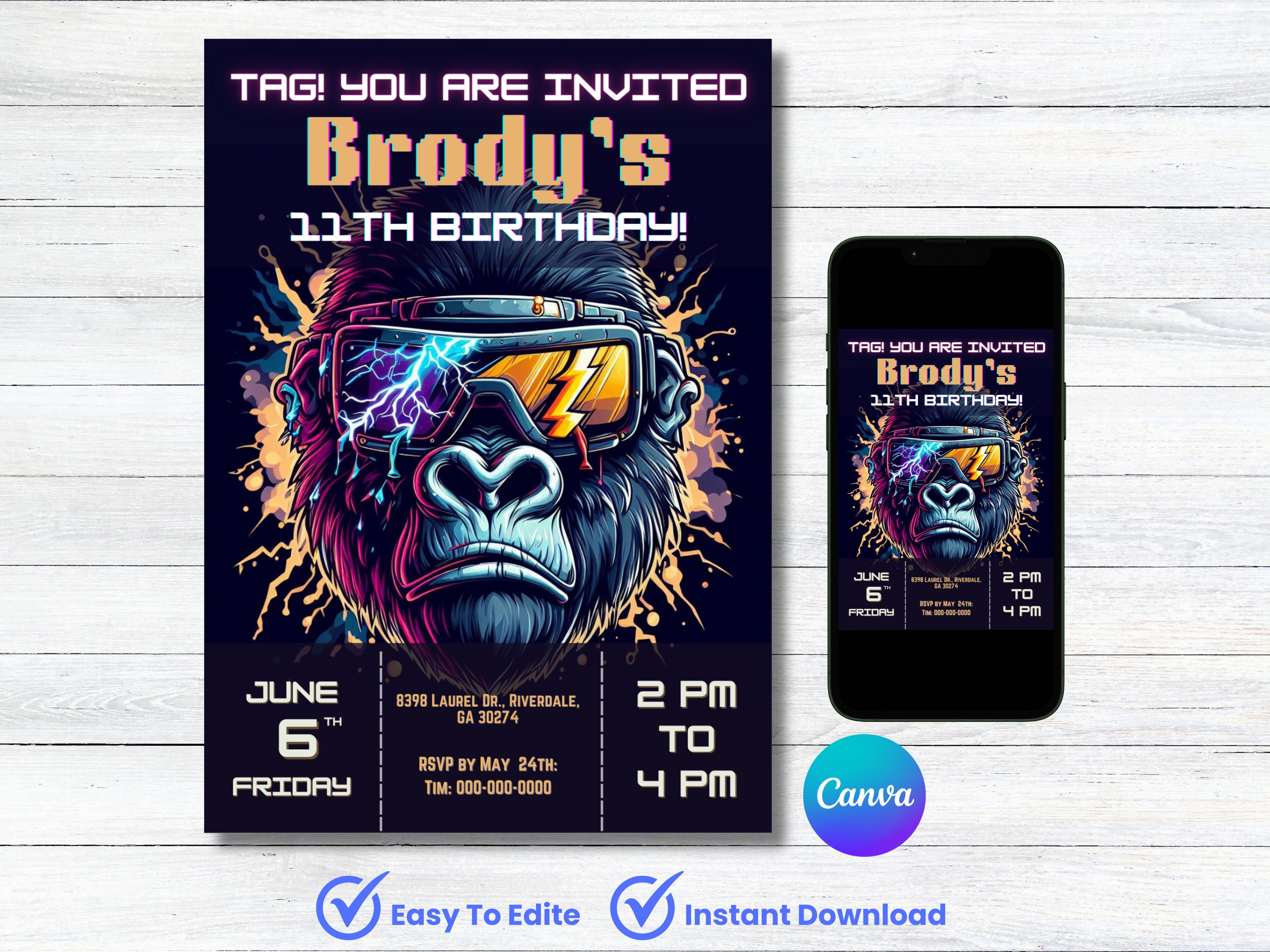 Gorilla VR Birthday Invitation, VR Birthday Invitation, Tag Birthday ...