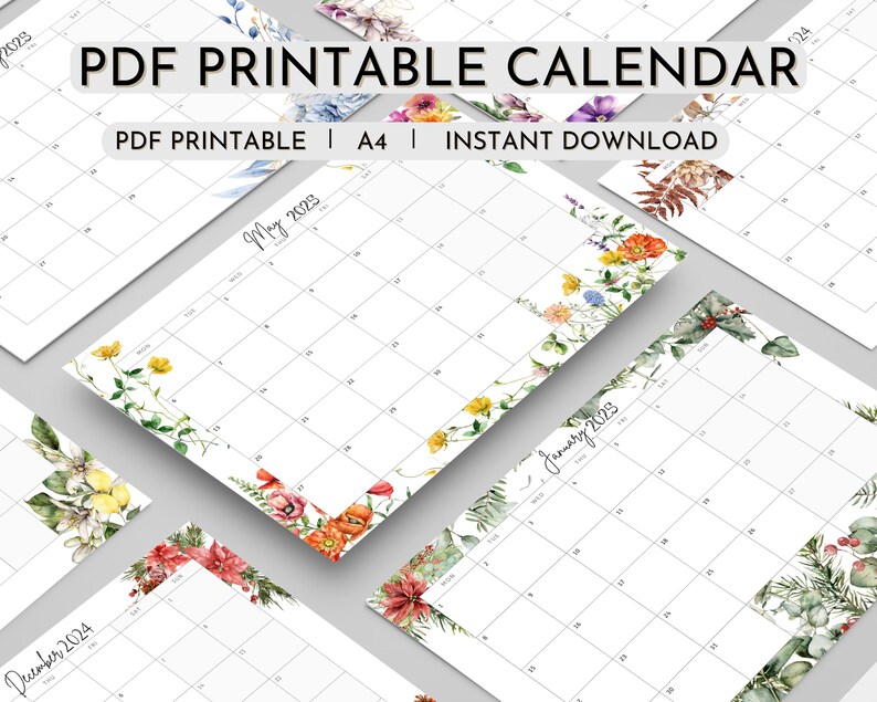 PDF Printable Floral Watercolor Monthly Calendar 2025 Digital Planner ...