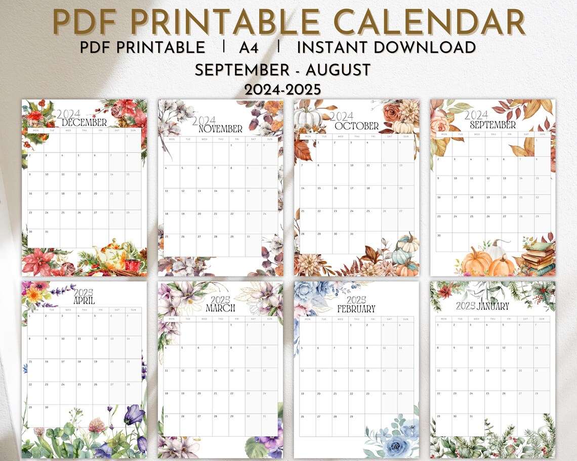 PDF Printable Floral Watercolor Monthly Calendar 2025 Digital Planner ...