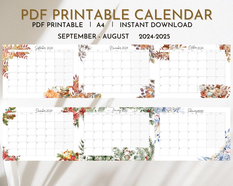 PDF Printable Floral Watercolor Monthly Calendar 2025 Digital Planner ...