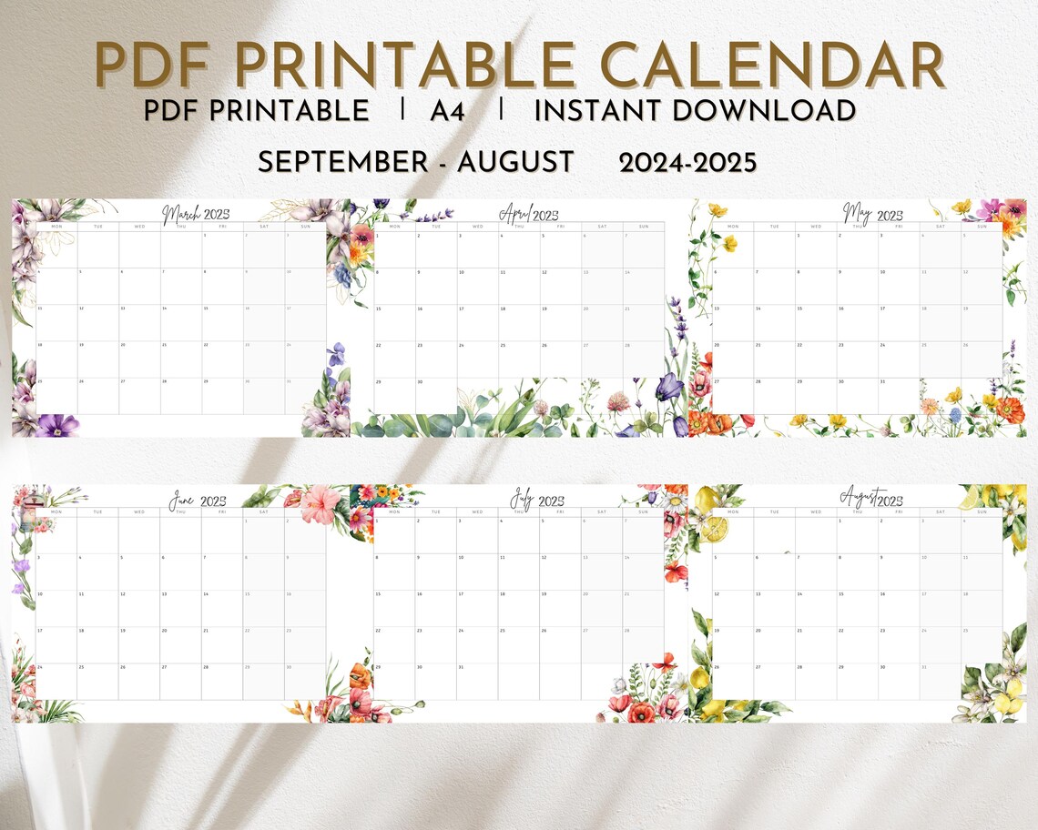 PDF Printable Floral Watercolor Monthly Calendar 2025 Digital Planner ...