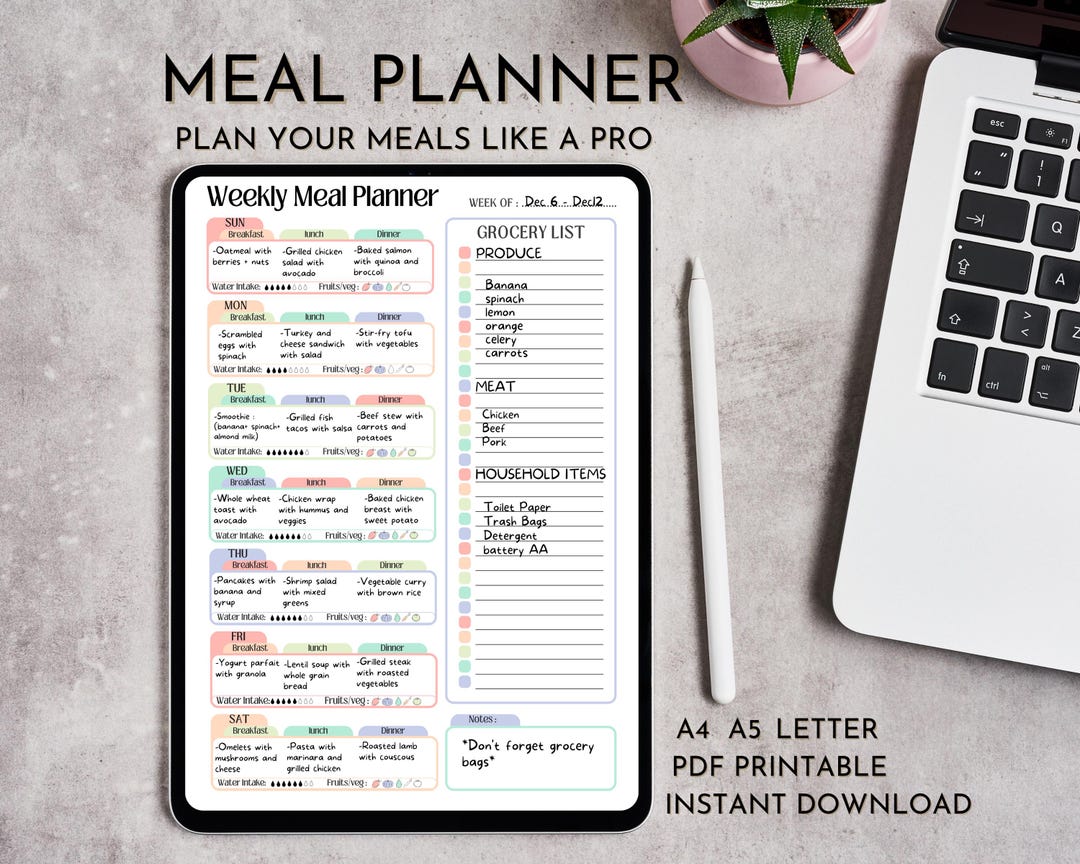 Weekly Meal Planner Printable, Weekly Food Diary, Food Journal, Grocery ...