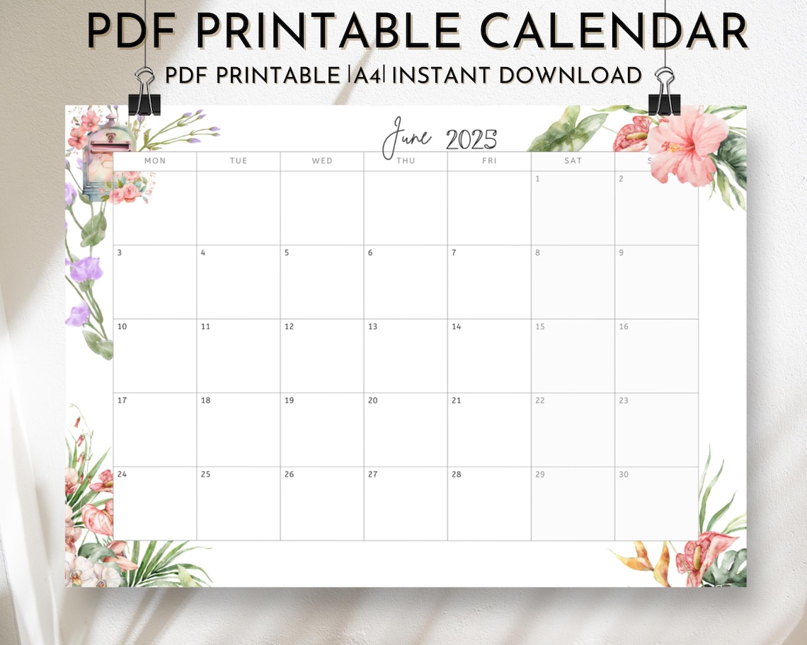 PDF Printable Floral Watercolor Monthly Calendar 2025 Digital Planner ...