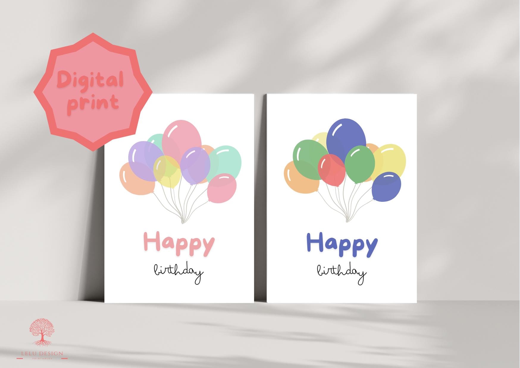 Printable Balloon Happy Birthday Card, Pink & Blue (digital Download ...