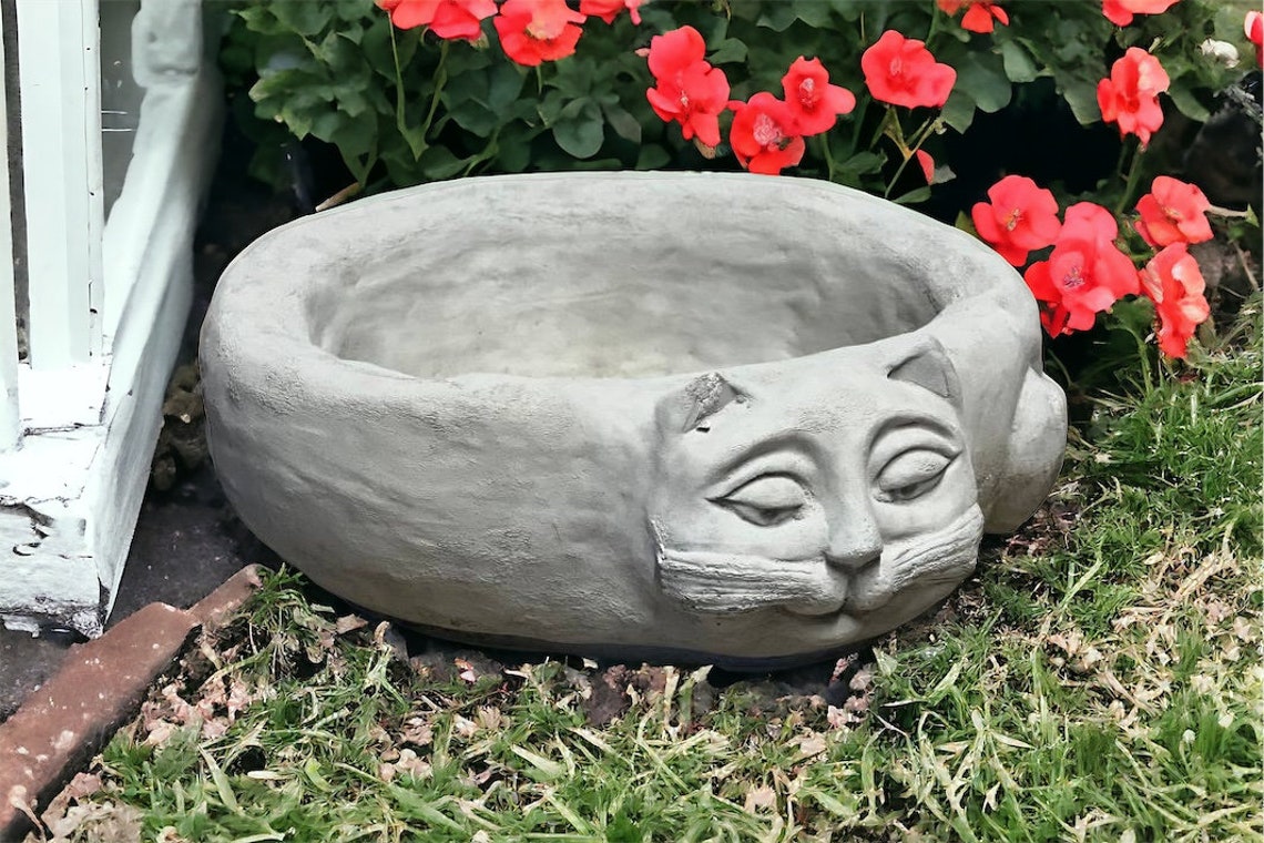 Concrete Bowl, Cat Face, Dish Sculpture, Garden Statue, Water Drinker ...
