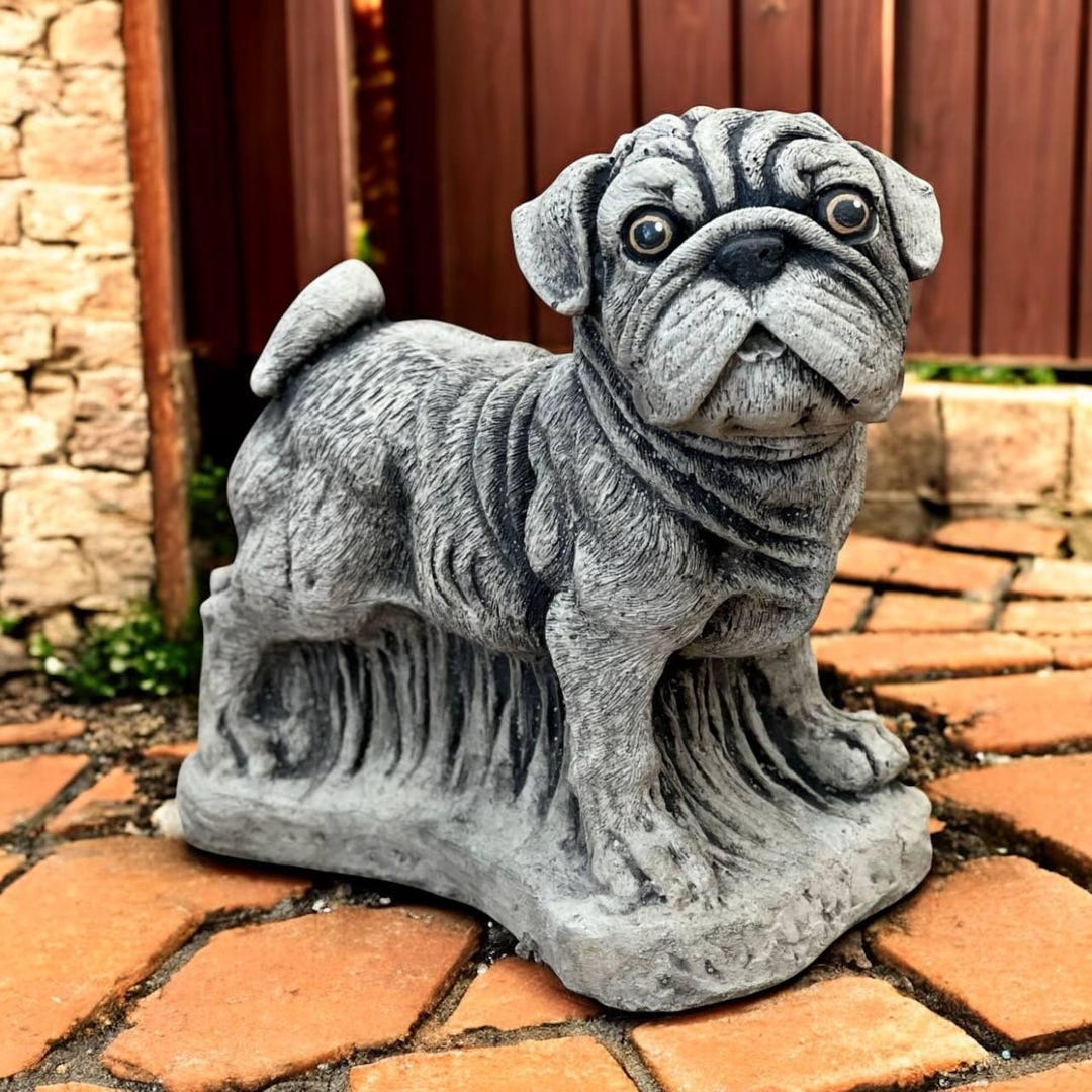Painted Puppy, Dog Statue, Cement Figurine, Standing Pug, Pet Grave ...