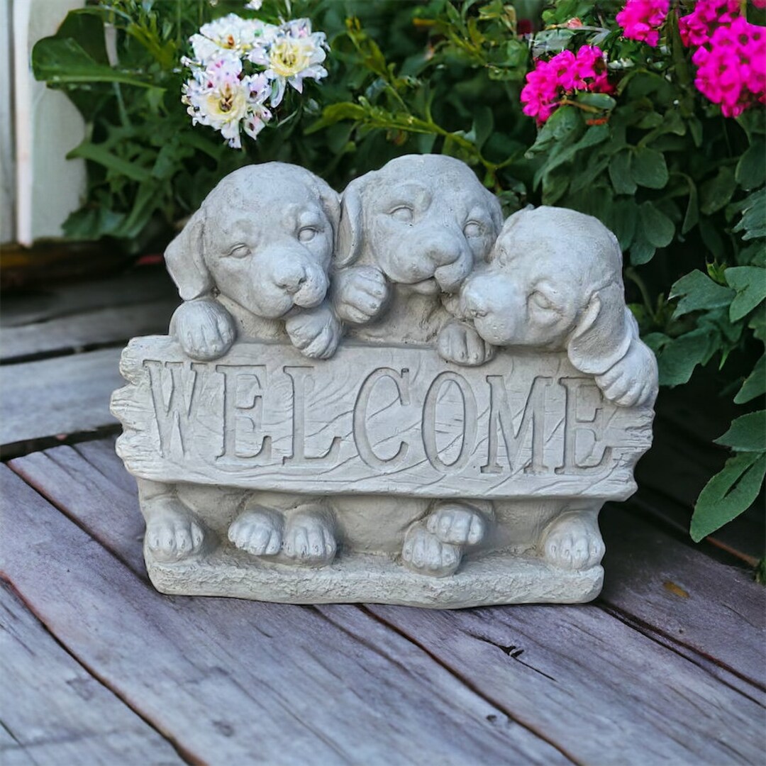 Three Dogs, Welcome Sign Figure, Puppies Sculpture, Concrete Statue ...