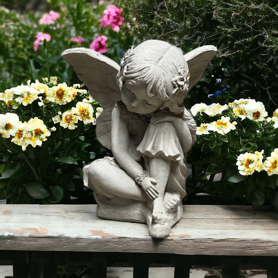 Fairy Decor, Concrete Pixie, Girl Figurine, Pixie Statue, Sitting Pixie ...