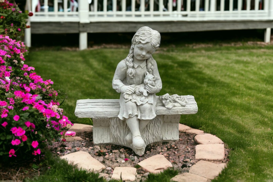 Massive Girl, Outdoor Sculpture, Girl on Bench, Garden Statue, Child With Cat, Girl With Kitten ...