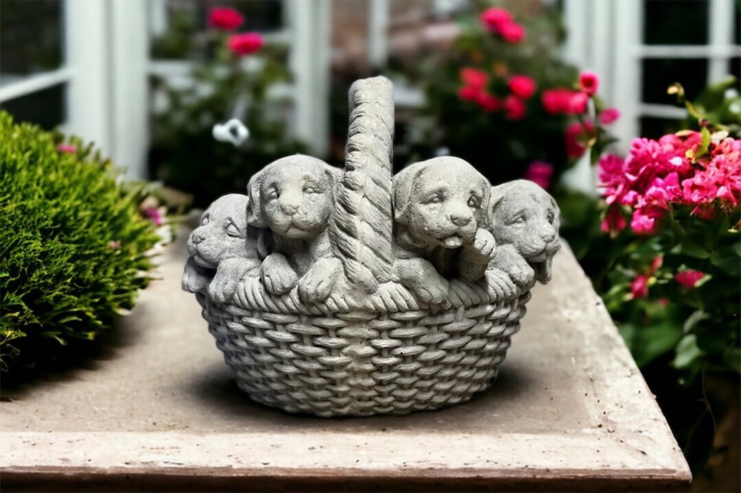 Four Puppies, Concrete Statue, Garden Dogs, Pets in Basket, Massive ...
