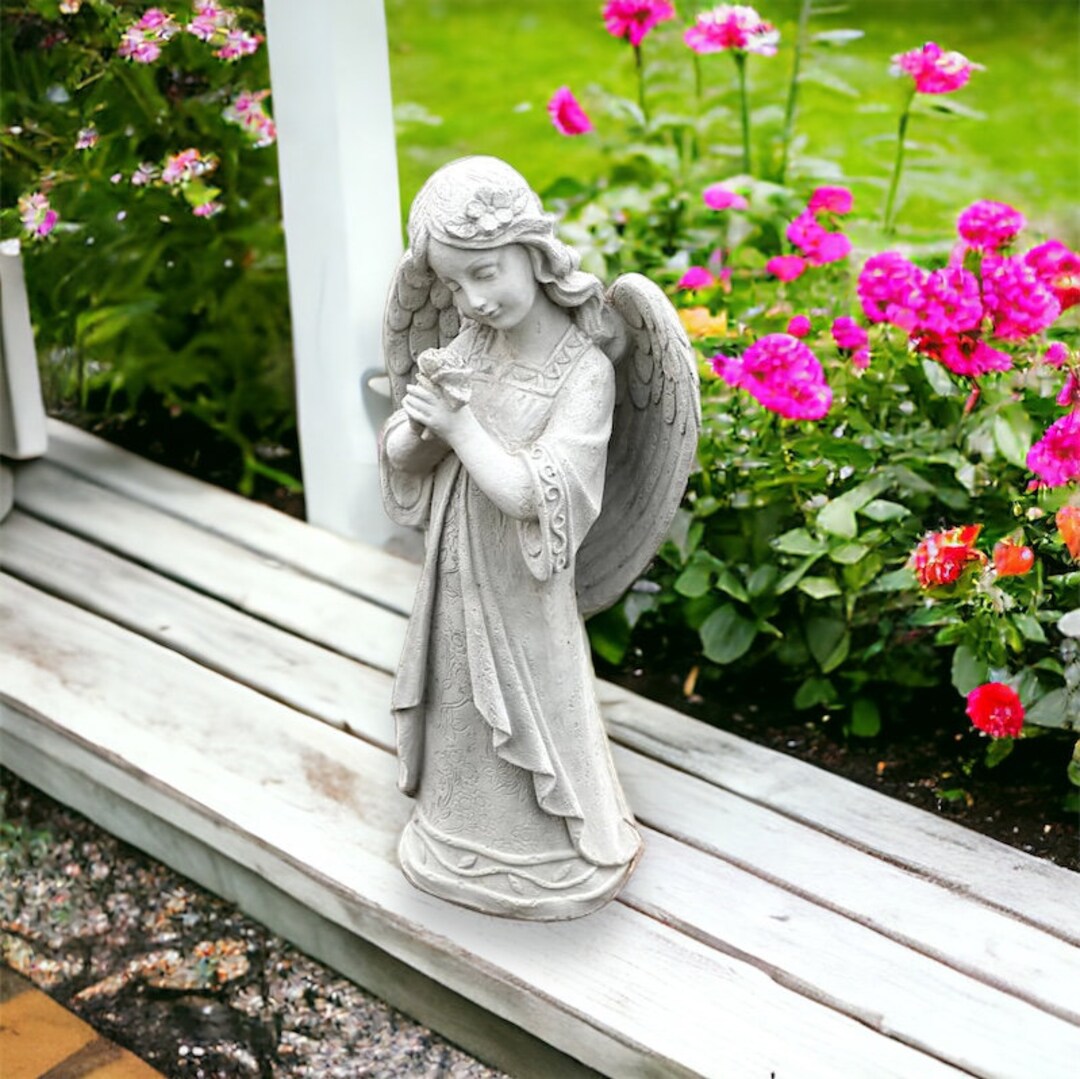 Angel Girl, Outdoor Sculpture, Angel With Flowers, Concrete Girl ...