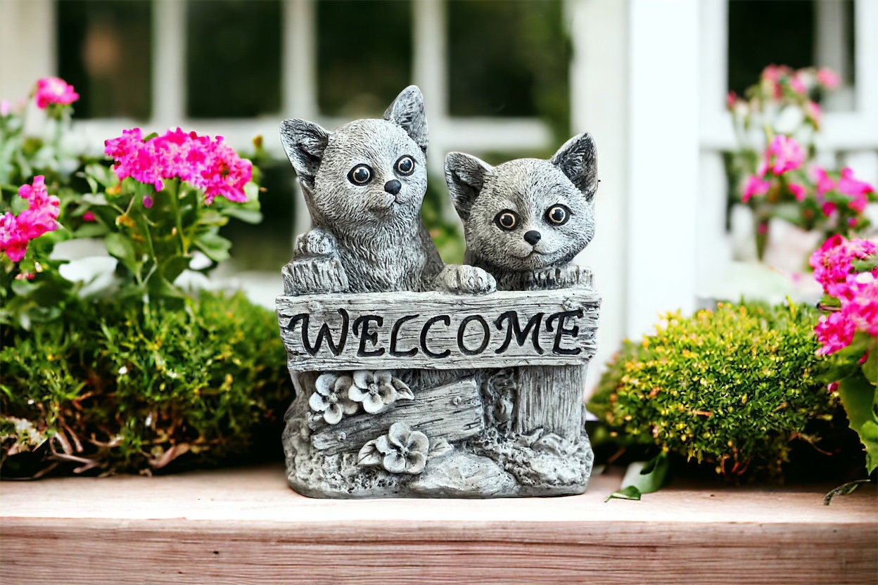 Welcome Cats Two Cats Concrete Figure Cute Cats Kittens Statue Welcome Sign Garden Decor Outdoor Pets Memorial Front Door Statue 9 Etsy