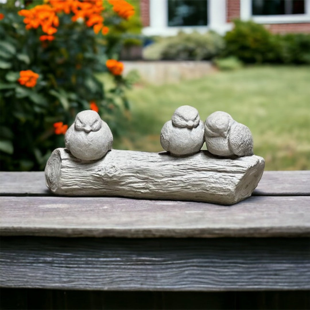 Concrete Birds, Three Birds, Garden Sculpture, Birds on Log, Realistic ...