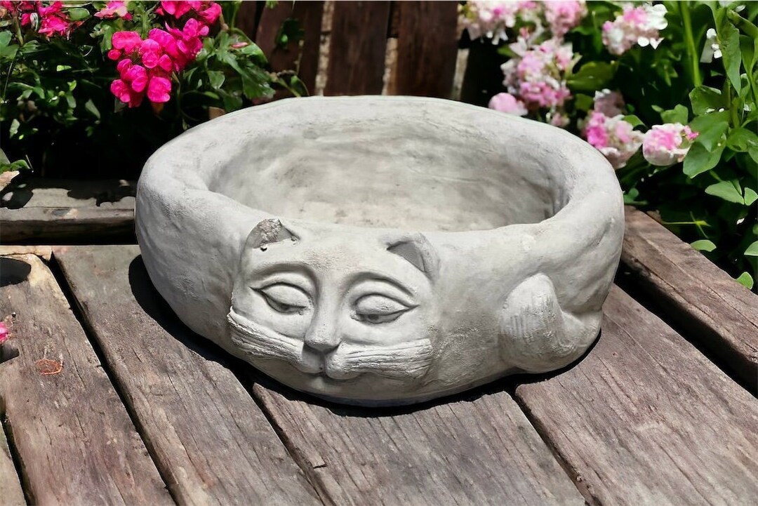 Concrete Bowl, Cat Face, Dish Sculpture, Garden Statue, Water Drinker ...