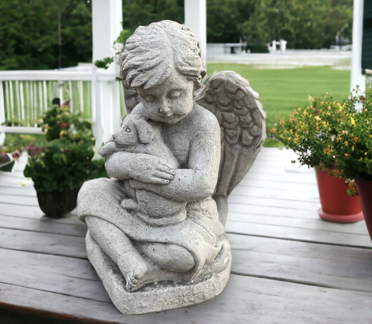 Angel Statue, Garden Cherub, Angel With Puppy, Angel Memorial Sculpture ...