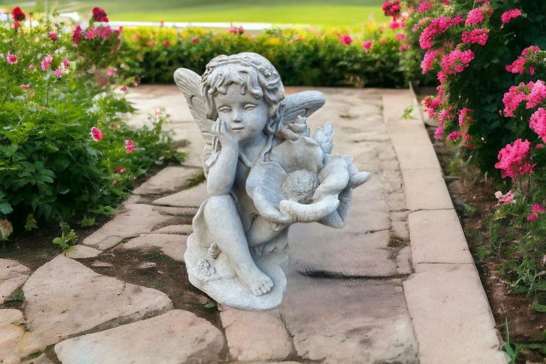 Pixie Statue, Large Figure, Concrete Pixie, Girl With Flowers, Garden ...