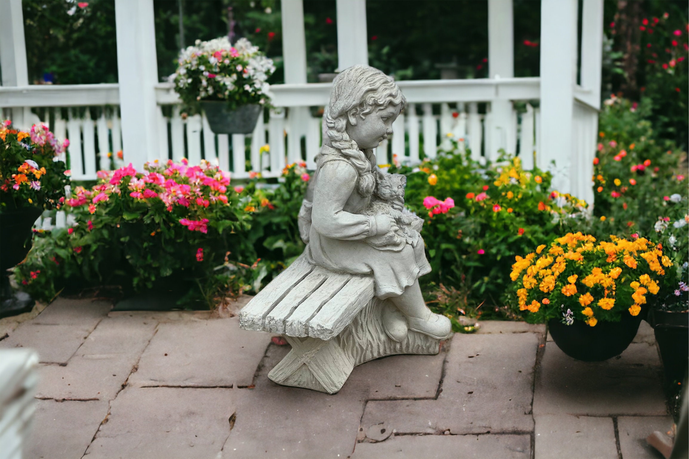 Massive Girl, Outdoor Sculpture, Girl on Bench, Garden Statue, Child With Cat, Girl With Kitten ...