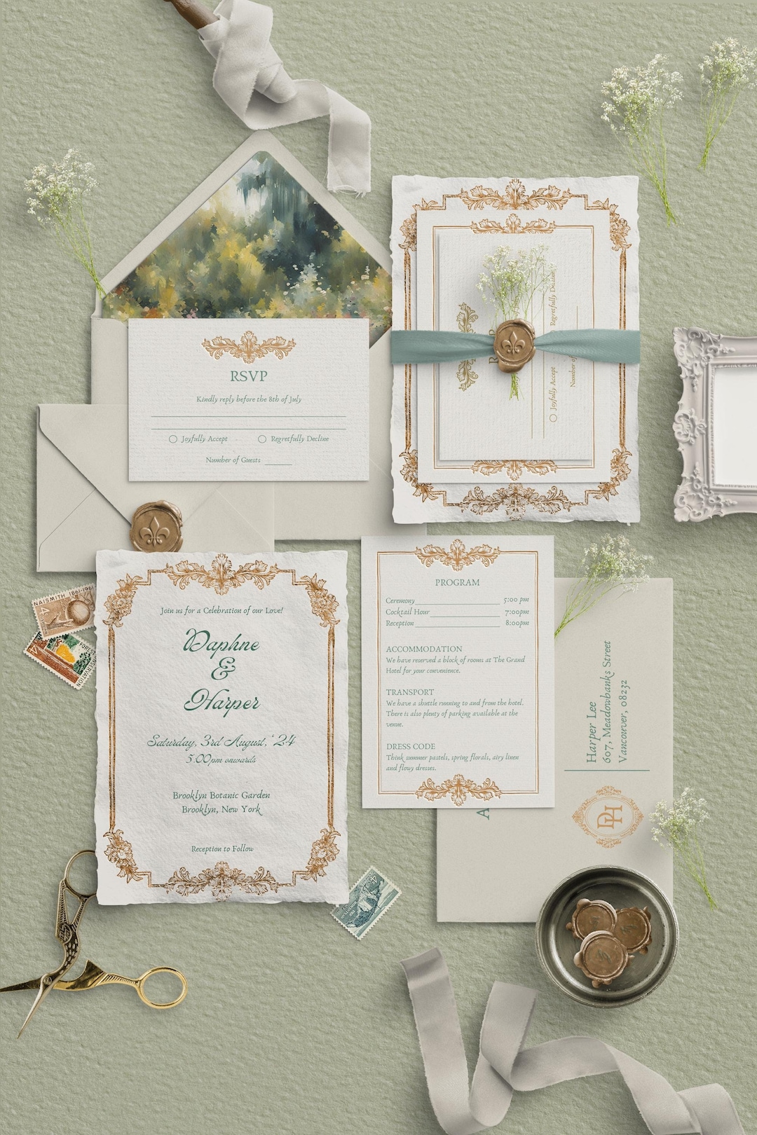 Hand Drawn Regency Era Wedding Invitation| Victorian Antique Gold ...