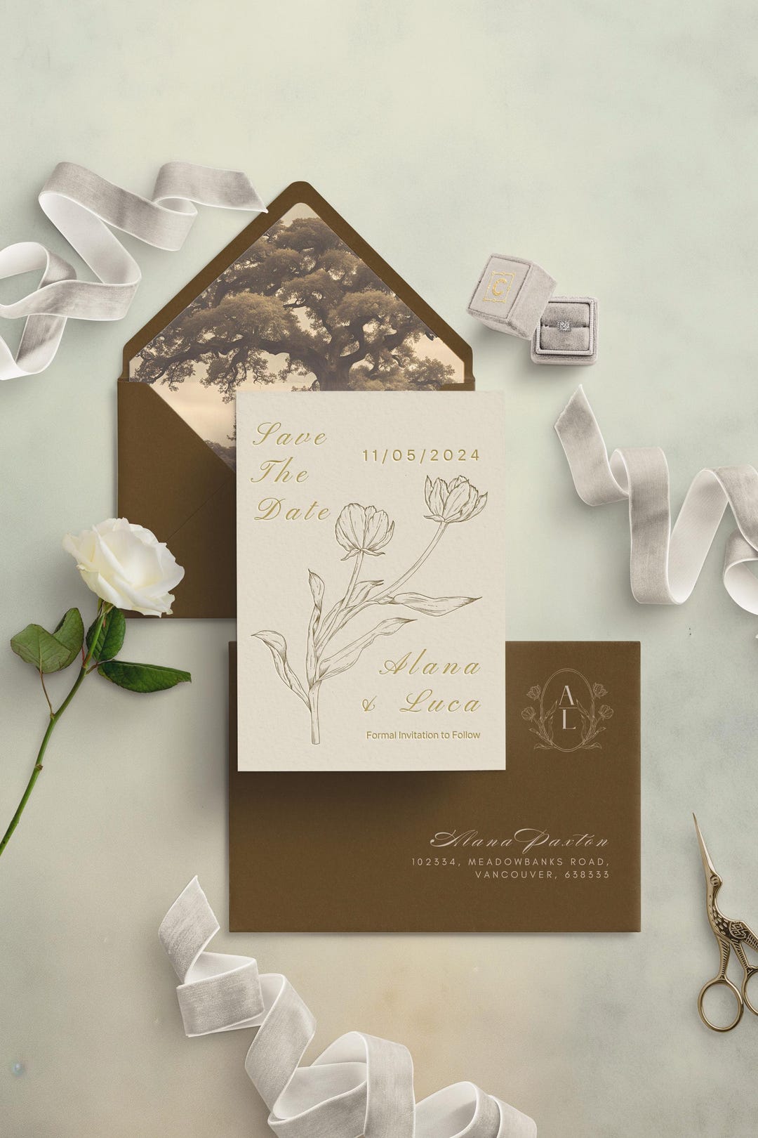 Vintage Floral Save the Date | Hand Drawn Illustration Envelope Liner ...
