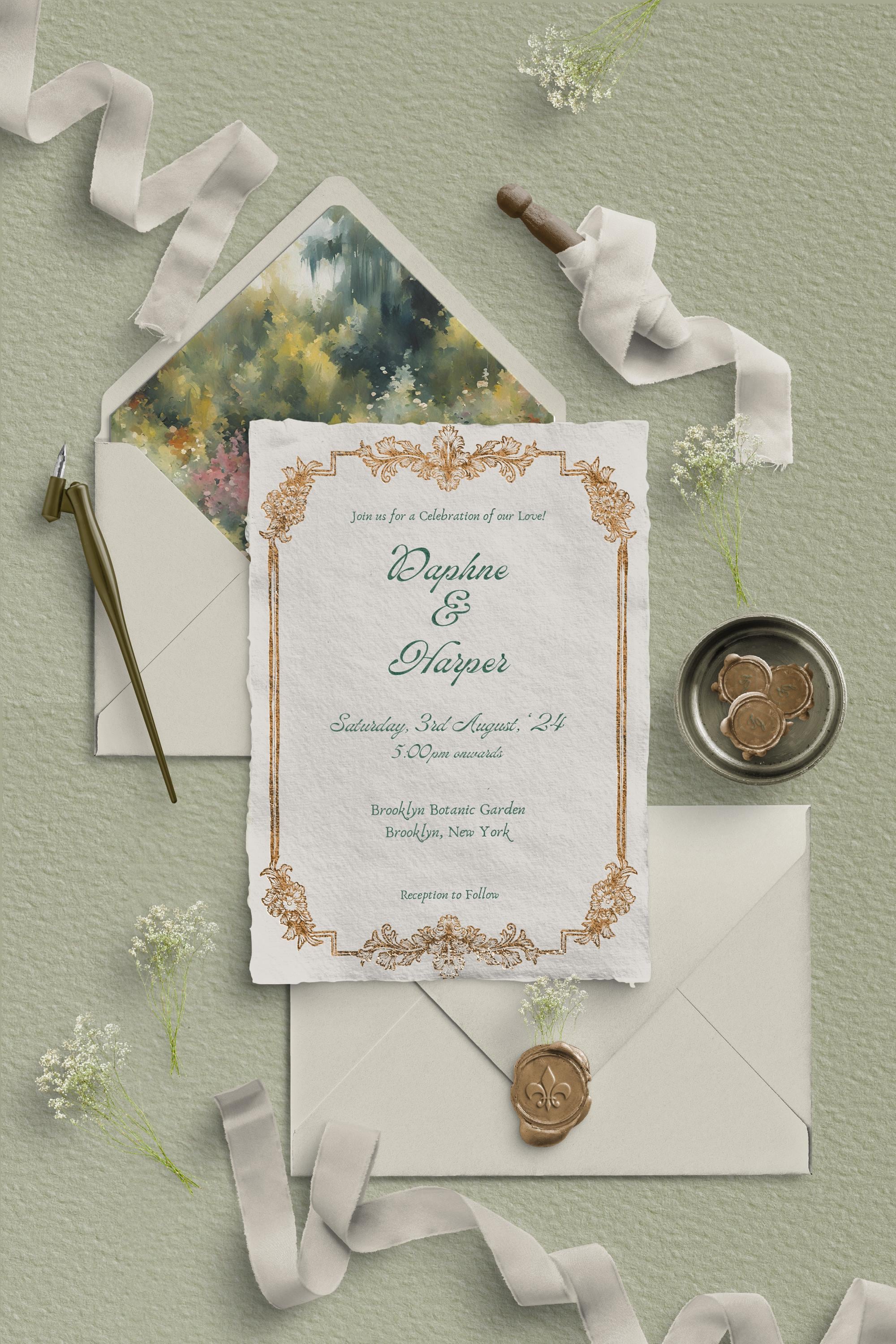 Hand Drawn Regency Era Wedding Invitation| Victorian Antique Gold ...