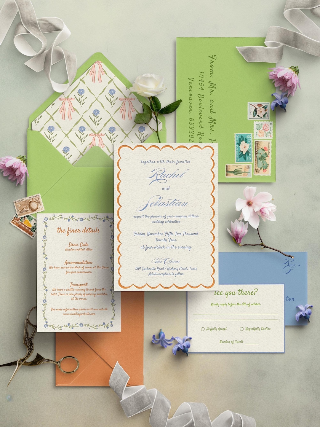 Hand Drawn Whimsical Wedding Invitation Suite | Coquette Theme ...