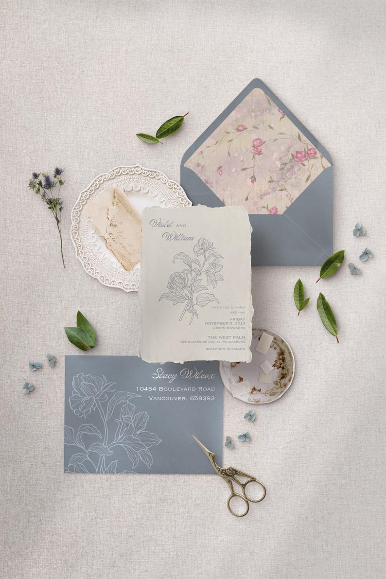 Hand Illustrated Invitation Set Whimsical Wedding Invite Suite Line Art ...
