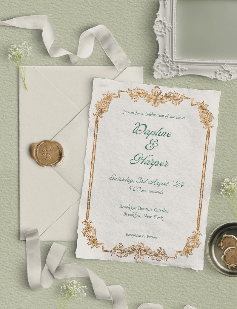 Hand Drawn Regency Era Wedding Invitation| Victorian Antique Gold ...