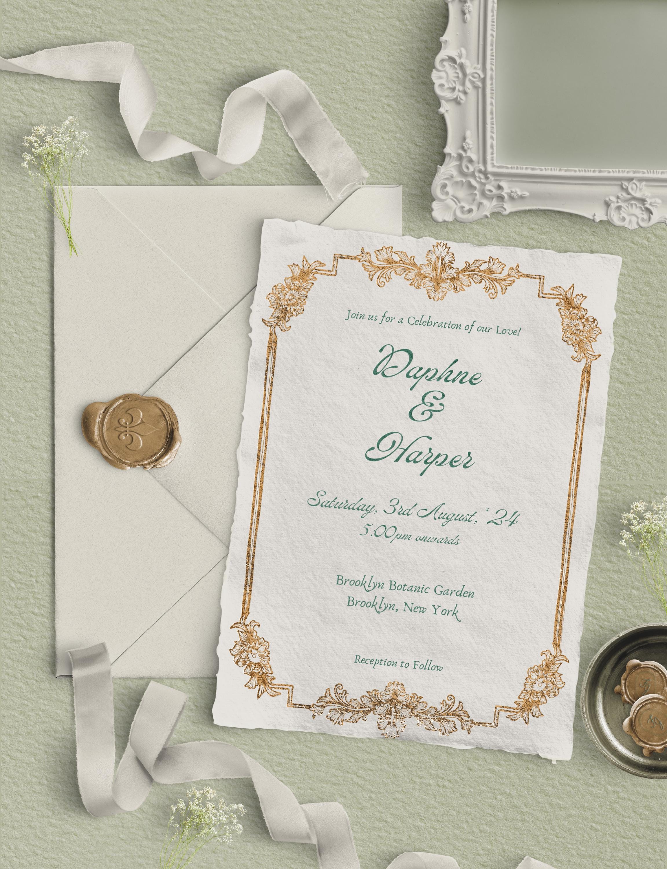 Hand Drawn Regency Era Wedding Invitation| Victorian Antique Gold ...