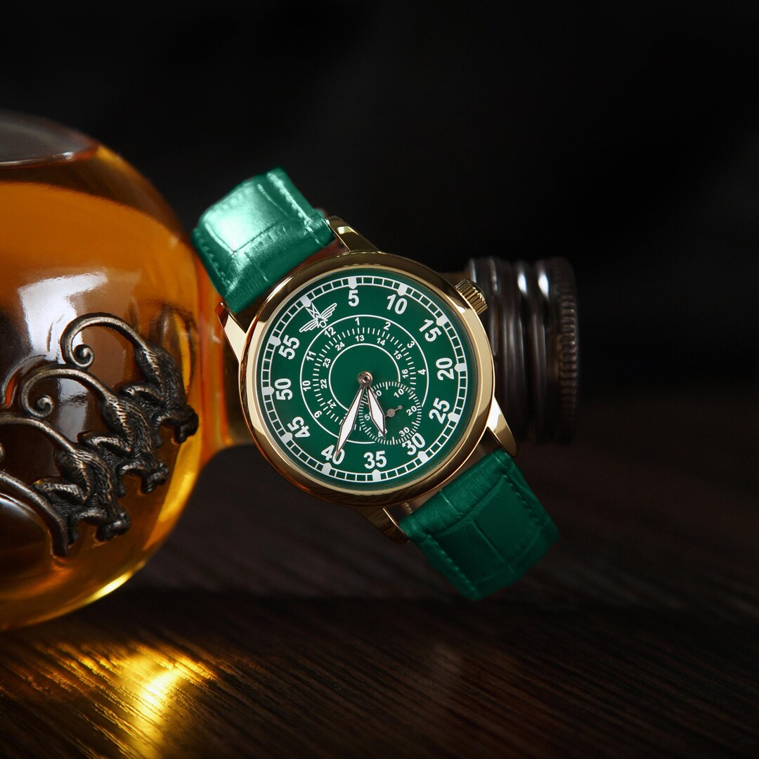 Military Aviation Mechanical Watch Pobeda, Vintage Green Dial Watch ...