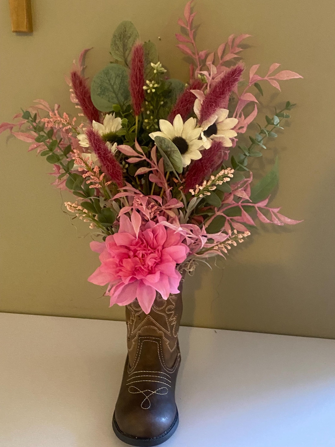 Cowgirl Boot Floral Arrangement Western Home Decor Rustic Faux Flower ...