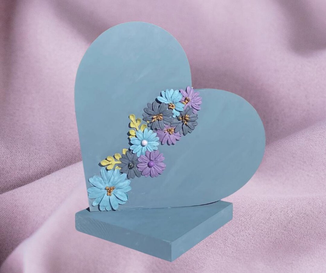 Blue Heart Table Decor Floral Wooden Heart Centerpiece Boho Chic Home ...