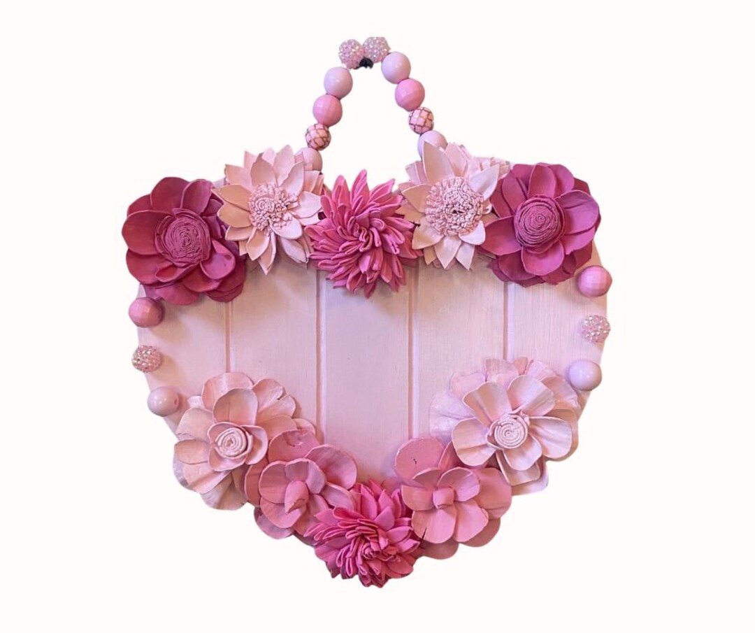 Handmade Pink Floral Heart Wall Decor Sola Wood Flowers Pink Flower ...