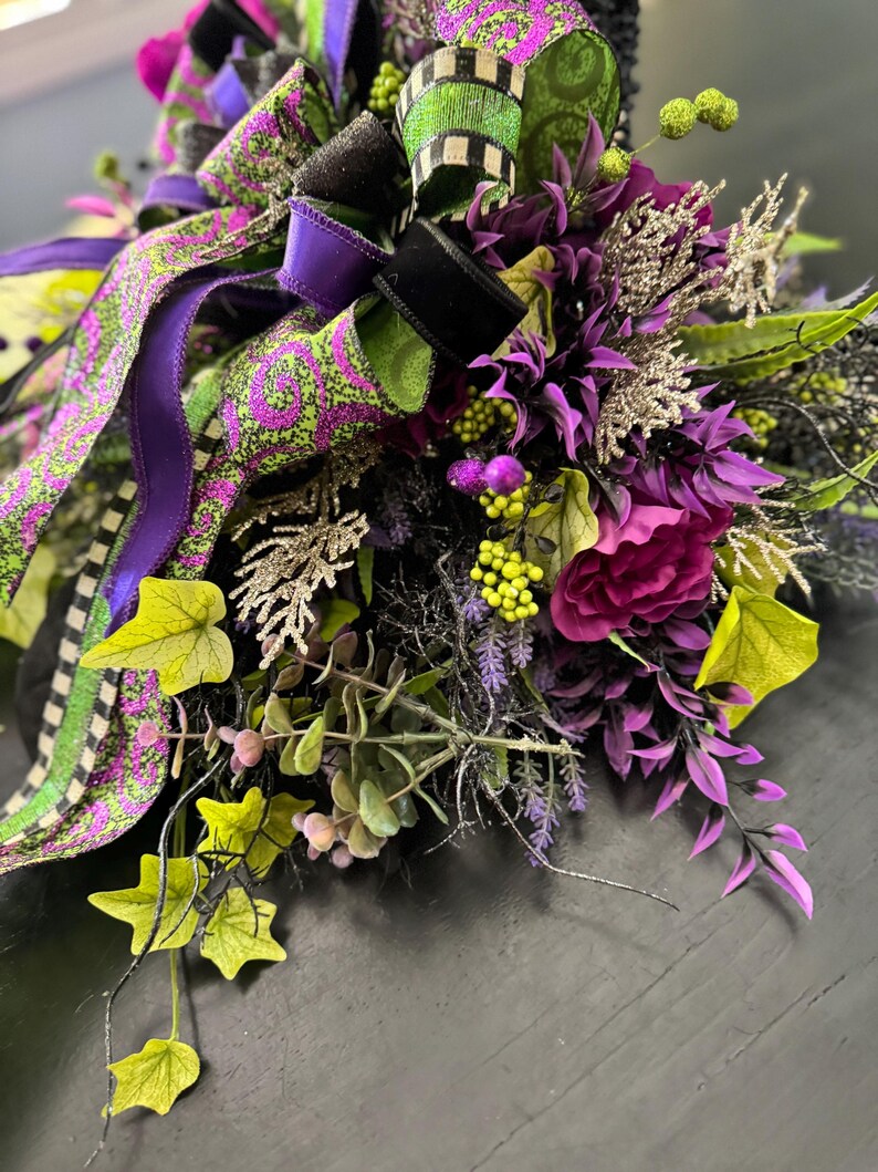 Whimsical Witch Hat Floral Arrangement, Purple, Green & Black Halloween ...