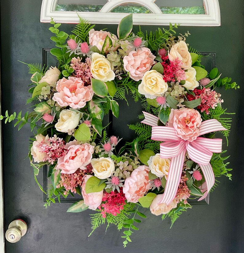 Pinks and Cream Wreath for Front Door, Spring Wreath, Summer Wreath for ...