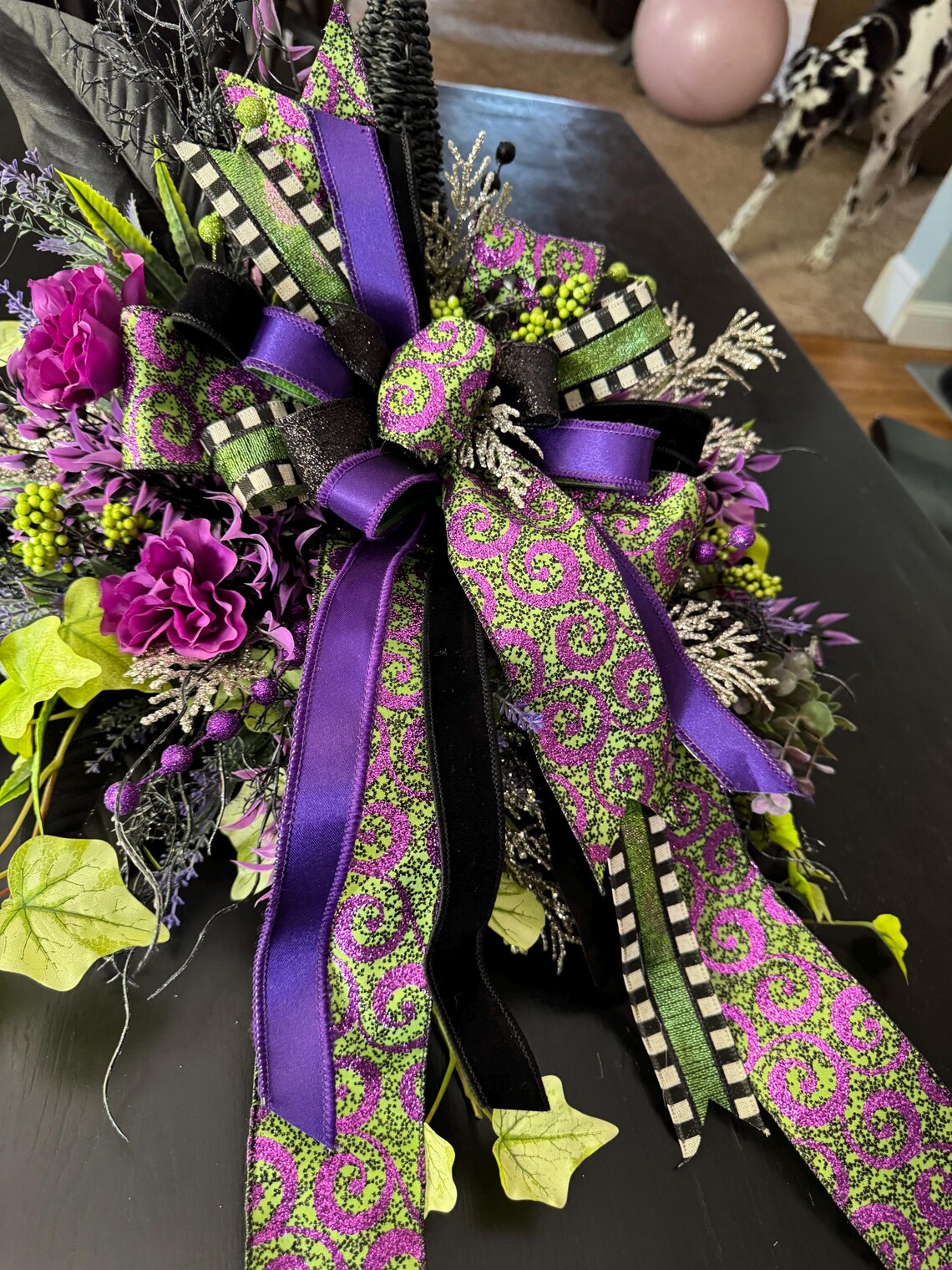 Whimsical Witch Hat Floral Arrangement, Purple, Green & Black Halloween ...