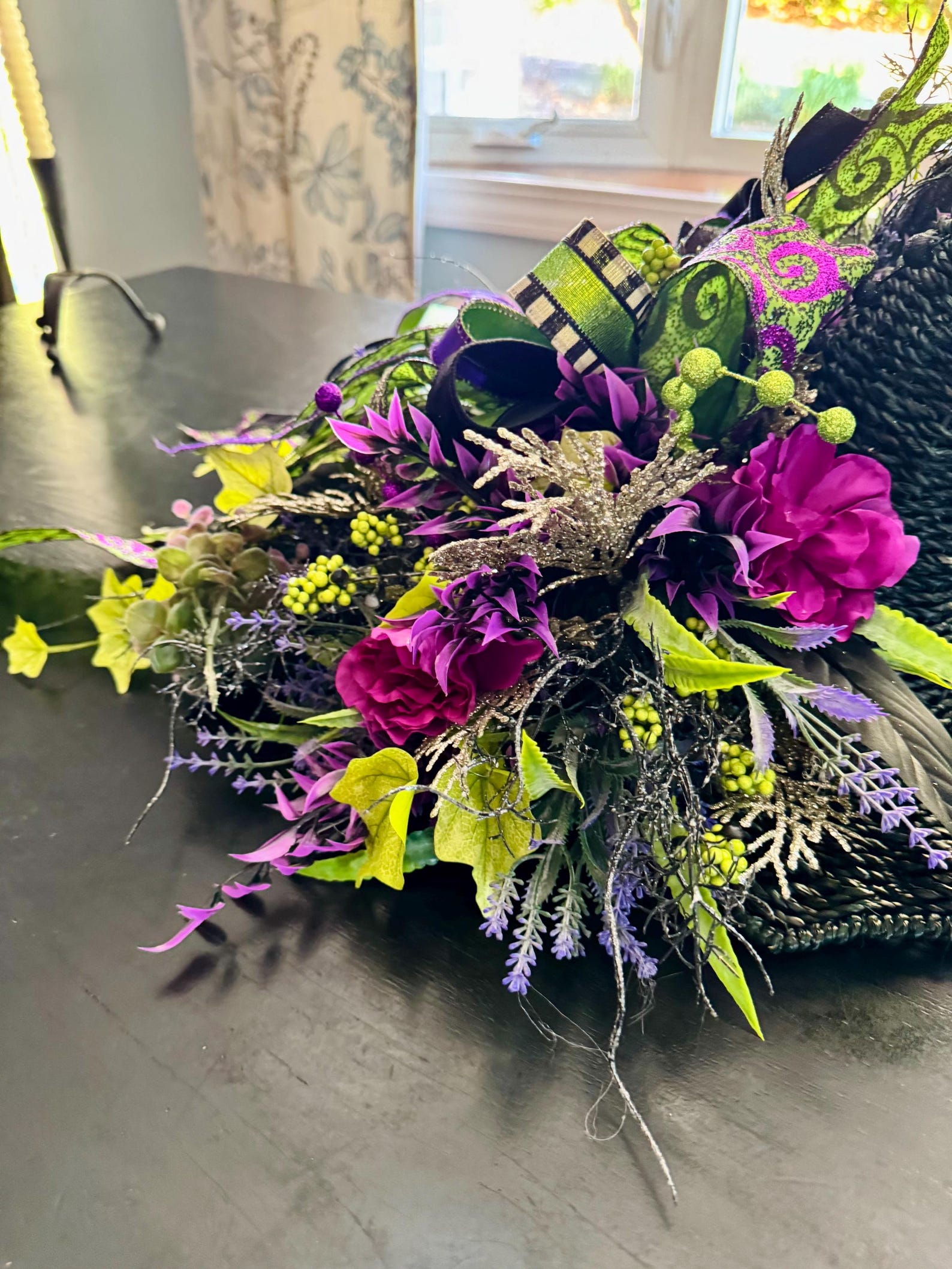 Whimsical Witch Hat Floral Arrangement, Purple, Green & Black Halloween ...