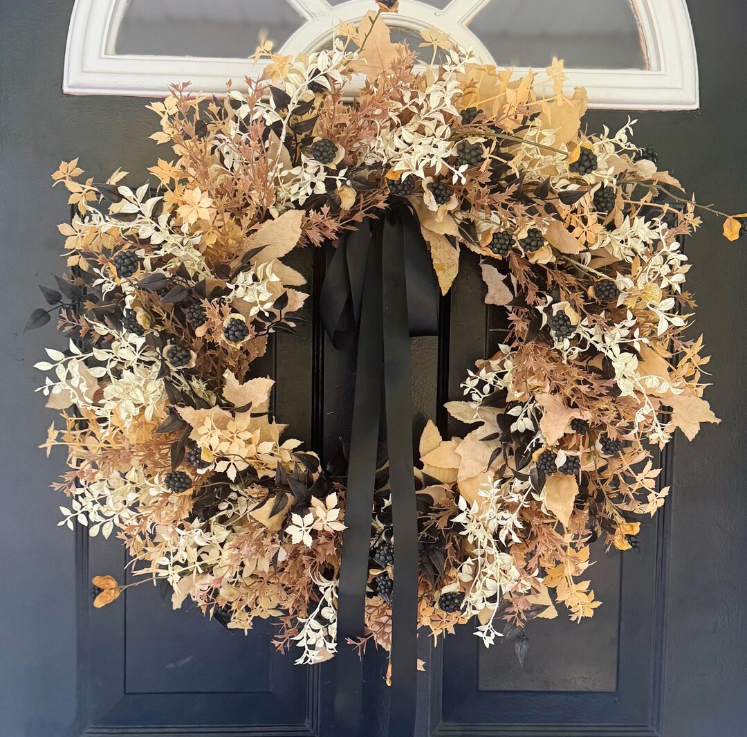 Falloween Wreath With Black Ribbon – Neutral Autumn Door Wreath With ...