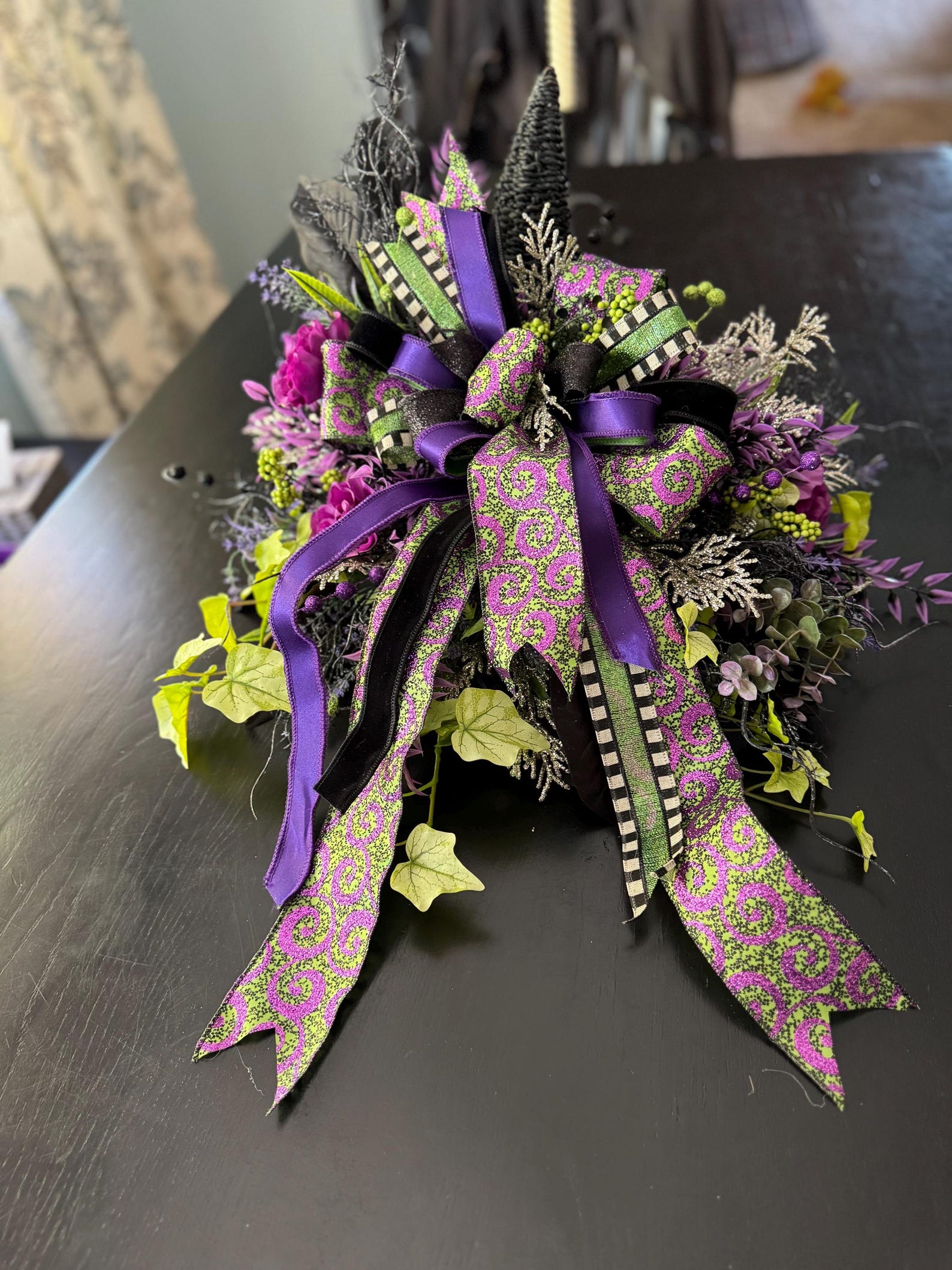Whimsical Witch Hat Floral Arrangement, Purple, Green & Black Halloween ...