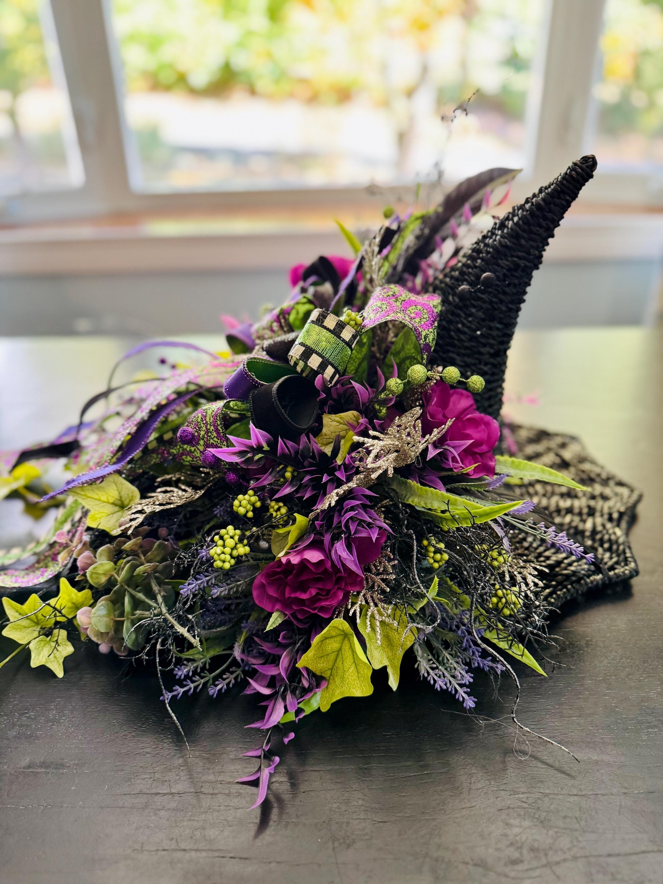 Whimsical Witch Hat Floral Arrangement, Purple, Green & Black Halloween ...