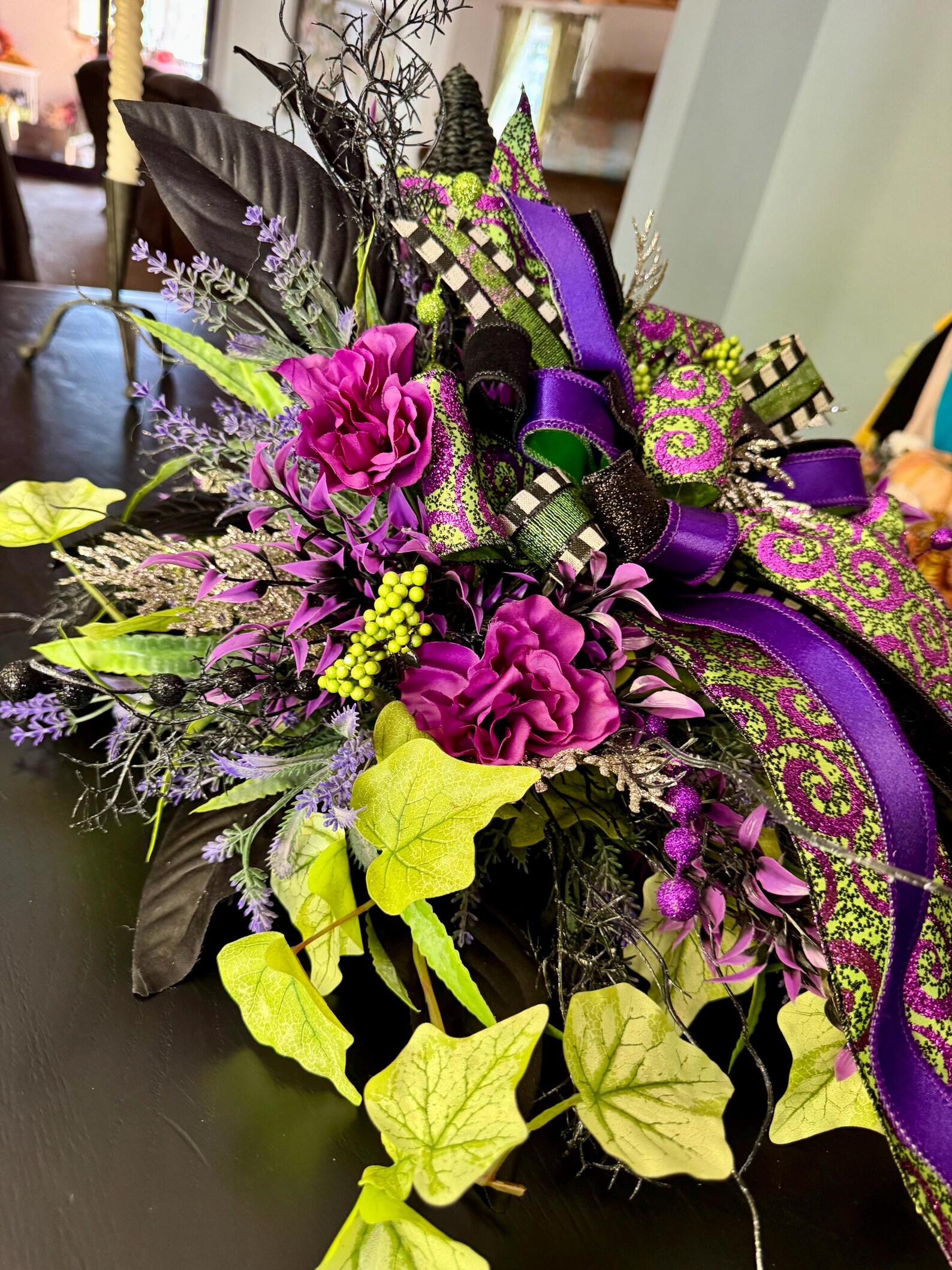 Whimsical Witch Hat Floral Arrangement, Purple, Green & Black Halloween ...
