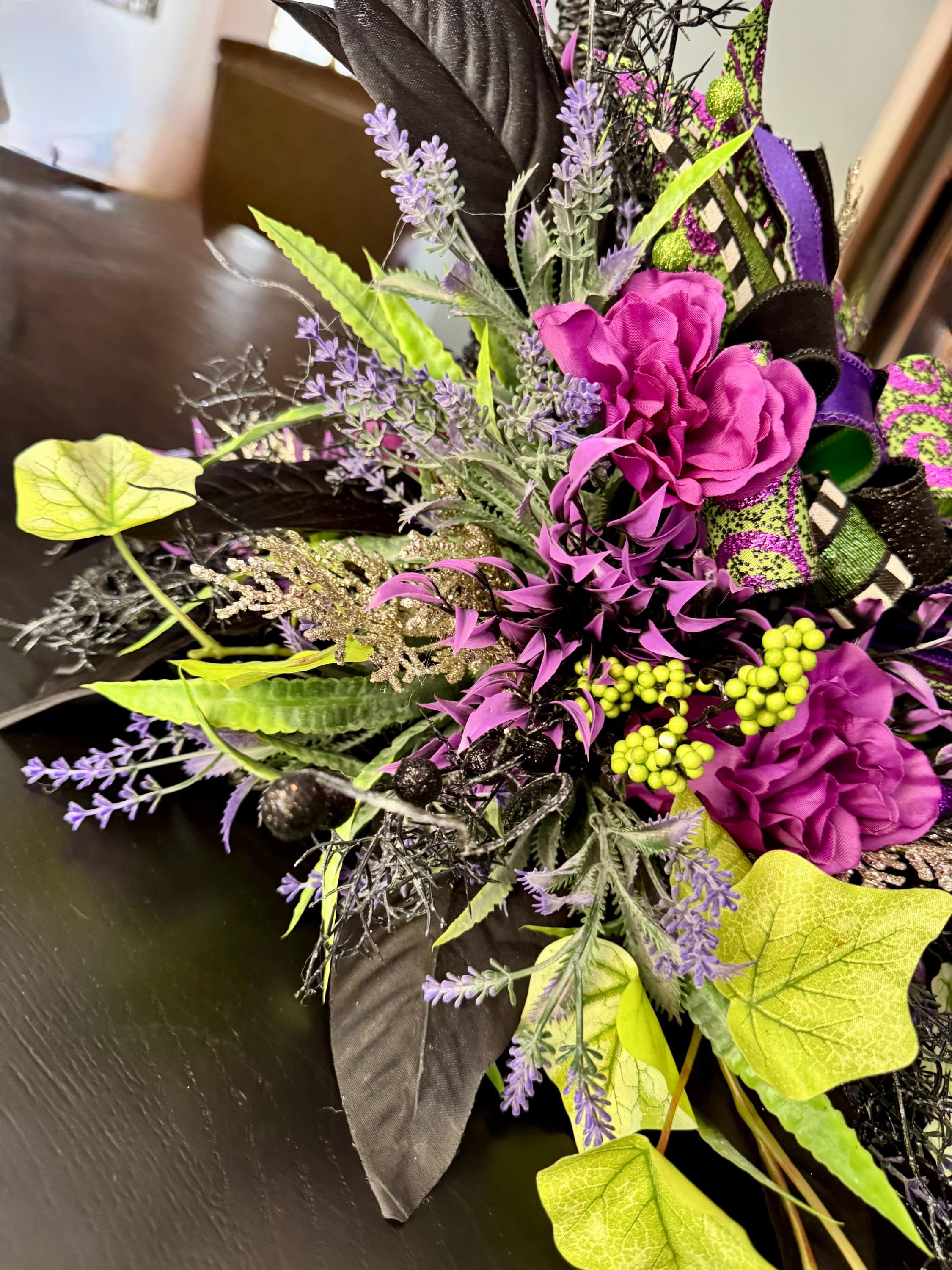 Whimsical Witch Hat Floral Arrangement, Purple, Green & Black Halloween ...
