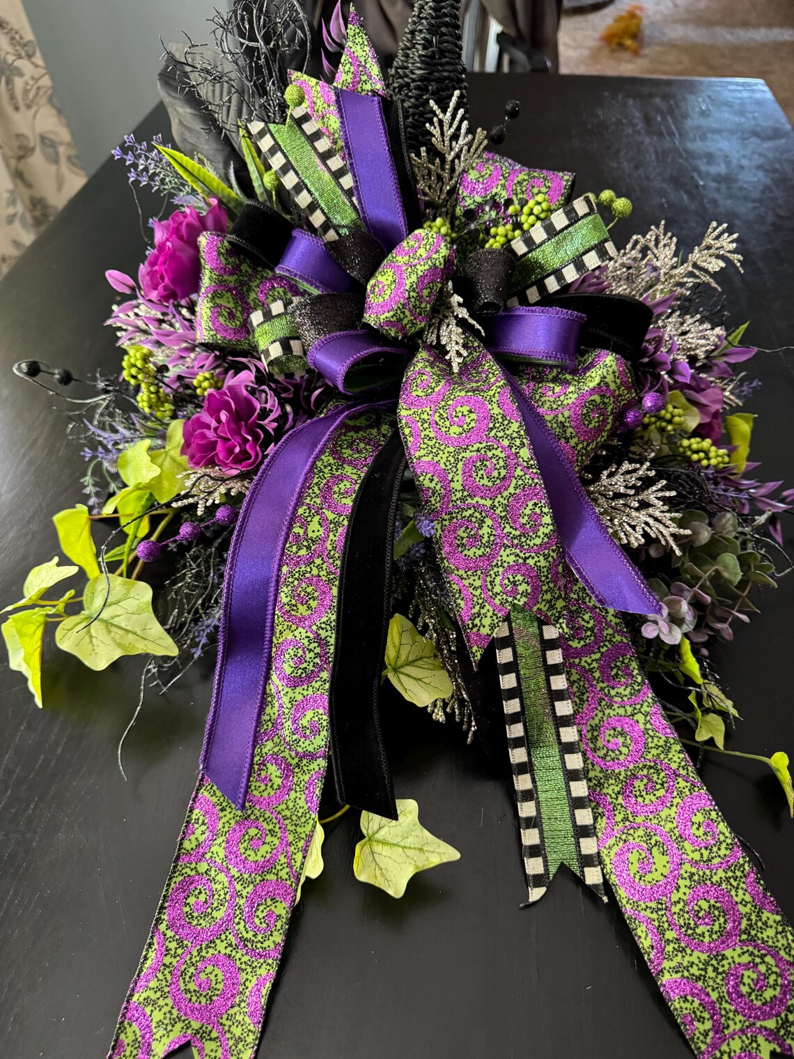 Whimsical Witch Hat Floral Arrangement, Purple, Green & Black Halloween ...