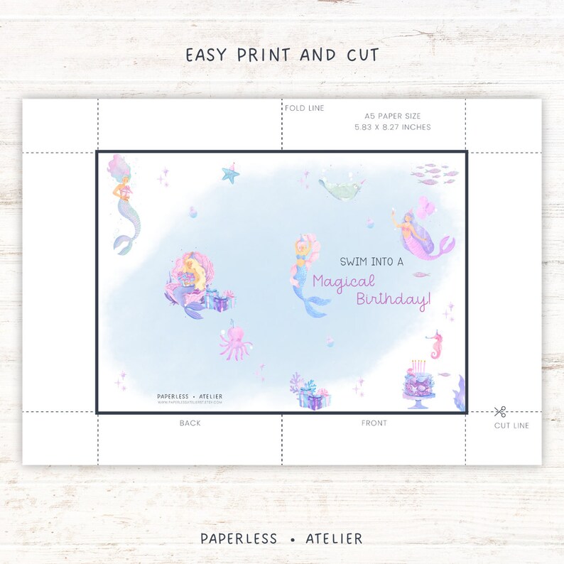 Printable Birthday Card, Mermaid and Sea-themed Birthday Card, Summer ...